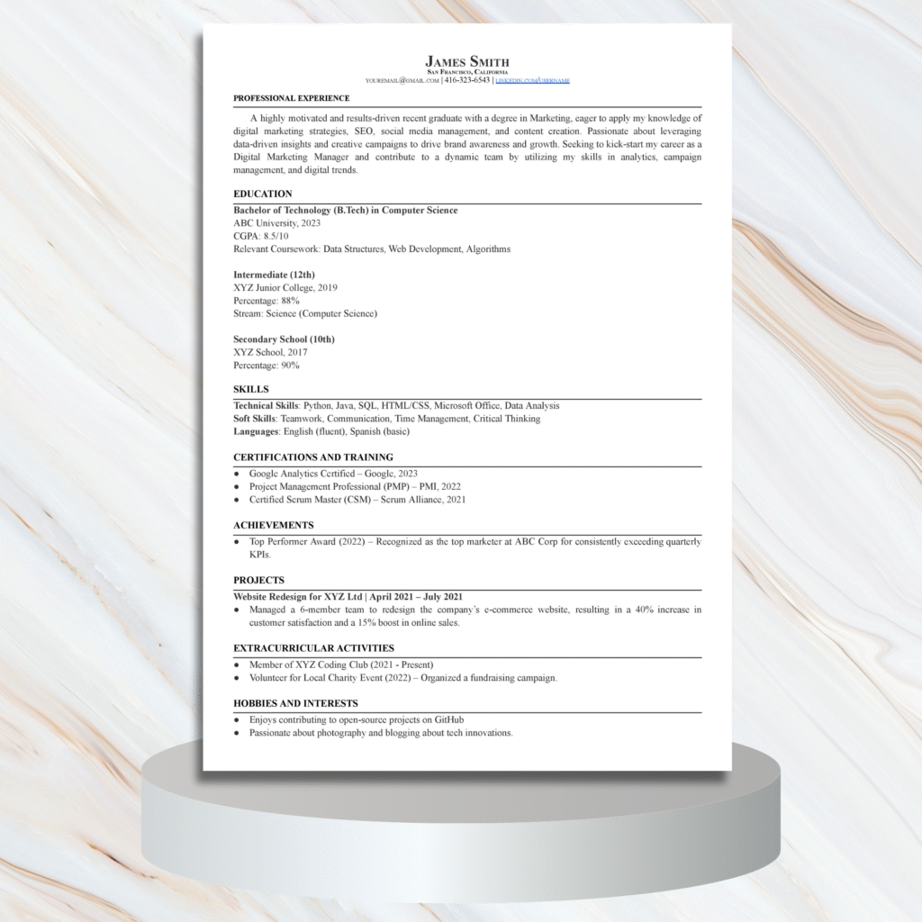 Resume for Freshers #1 – ATS Friendly – Professional Modern CV Template ...